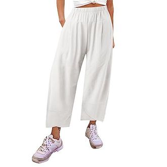 Generic Pantalon Femme Large Fluide Grande Taille Femmes Coton D&eacute;contract&eacute; L&acirc;che Pantalon Court De Travail Confortable avec Poches &Eacute;lastique Taille Haute Vete