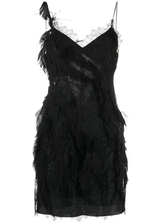 Alberta Ferretti robe courte en soie &agrave; d&eacute;tails de plumes - Noir