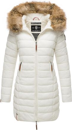 Marikoo Damen Wintermantel warmer Steppmantel lang mit Kapuze und abnehmbarem Kunstfell-Kragen Rose Off White Gr. XXL