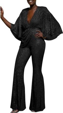Generic Combinaison &eacute;tincelante pour femme - Combinaison de soir&eacute;e &eacute;l&eacute;gante &agrave; paillettes - Coupe ample - Manches &eacute;vas&eacute;es - Combinaison de danse classique &agrave; pa