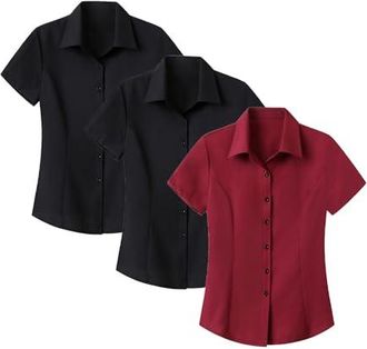 Generic Lot de 3 chemisiers &agrave; manches courtes pour femme - D&eacute;contract&eacute; - Coupe droite - Col en V - Boutonn&eacute; - Couleur unie - D&eacute;contract&eacute; - Basique - Chemise d