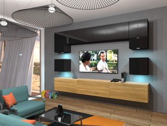 Furnitech Wohnwand Wohnzimmer Möbel mit LED RGB - 16 Farben - Hängend Wohnwand Modern Schrankwand mit Regale und TV Schrank (Nowara AN1-17BD-HGM44 1A)