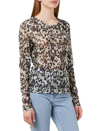 Noisy May Noisy may Damen Nmjudith L/S Mesh Top Bg Noos Langarmshirt, Kalamata Aop:leo, XL EU