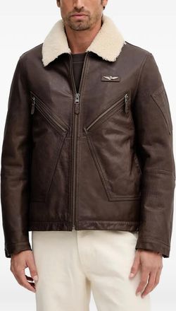 Aeronautica zip-up textured-collar leather jacket - Braun
