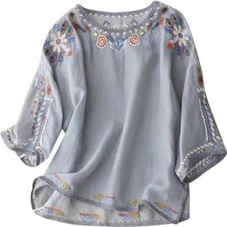 Generic Haut d&eacute;t&eacute; &agrave; manches 3/4 en lin pour femme - Col rond - Broderie florale - Style boh&egrave;me ethnique paysan - Chemisier tendance, gris, XXL