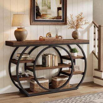 Tribesigns Konsolentisch mit kreisf&ouml;rmigem Sockel, schmaler Eingangstisch, 120 x 30 x 80 cm, 4-st&ouml;ckiges Aufbewahrungsregal, industrielles Bauernhaus, Flur, Sofa