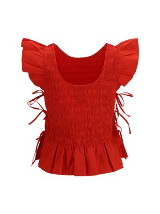 Ganni Womens Ruched Cotton Top Goji Berry Tops