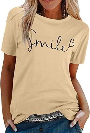 Heekpek Femme Chemisier Chic T-Shirts Blouse Col Rond Tops Manches Courtes en Coton Ete T Shirt Imprim&eacute; Tunique T-Shirt, Z1Abricot, Taille XXL