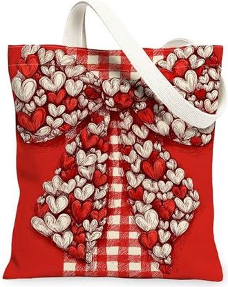 Generic Sacs fourre-tout en toile pour la Saint-Valentin, motif noeud romantique, sacs d&eacute;picerie r&eacute;utilisables, l&eacute;gers et lavables avec bandouli&egrave;re Ca, Rouge,