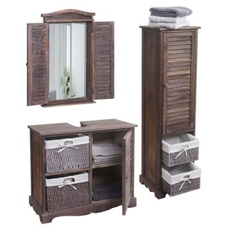 Mendler Badezimmerset HWC-H20AM, Badm&ouml;bel-Set Hochschrank Waschbeckenunterschrank Wandspiegel - Shabby braun