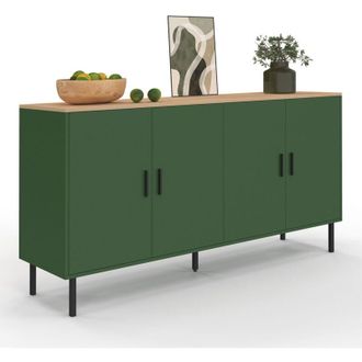 IDMarket Buffet 160 cm KELIA 4 portes vert kaki et plateau bois