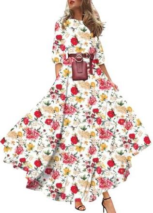 Onsoyours Femmes Boho Maxi Robe De Plage Elegante Floral Feuille Imprimé Longue Robe Manches Courtes Floral Dress DÉté De Vacances Taille Haute Rétro Jupe De Pl