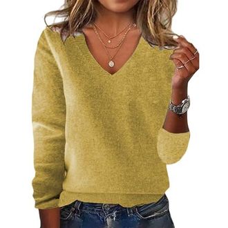 Generic Pull confortable en cachemire pour femme, col en V, pull classique doux, ample, manches longues, automne et hiver 2025, jaune, XXL