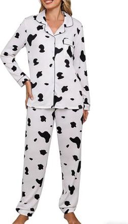 Minetom Ensembles de Pyjama Femme 2 Pi&egrave;ces Bouton V&ecirc;tements de Nuit Manches Longues Col V Chemise et Pantalon Style H 34