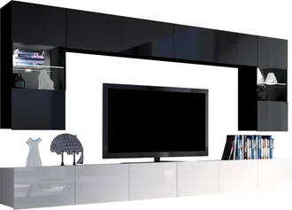 Mirjan24 Moderne Wohnwand Calabrini I, Anbauwand Mediawand Hängevitrine TV Lowboard Wandregal Wohnzimmerschrank Fernsehschrank (mit weißer LED Beleuchtung, Sch