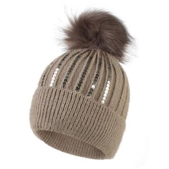 Generic M&uuml;Tze Bonnet dhiver pour femme avec pompon en fourrure synth&eacute;tique et bandes &agrave; paillettes pour femme et adolescente, Kaki (01), taille unique