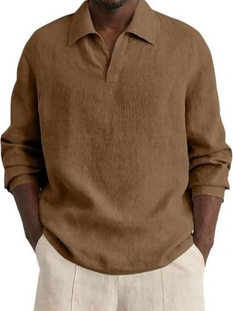 Generic Polo en coton et lin pour homme - Manches longues - Col &agrave; revers - Col en V - Couleur unie - Coupe ample - Costume extensible pour l&eacute;t&eacute;, marron, 3XL