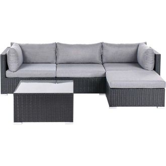 Beliani Gartenm&ouml;bel Set Schwarz Polyrattan und Aluminium 4-Sitzer Garten-Ecksofa Linksseitig mit Kissen Modern Lounge Set Terrasse Outdoor