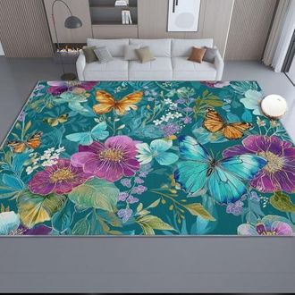 Generic Bleu-Vert Tapis de Bain antid&eacute;rapant, Moquette d&eacute;coratifs Nature Fleurs Papillons Campagne Motif r&eacute;sistant &agrave; la d&eacute;coloration Hydrofuge pour Salon Cham