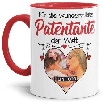 Tassendruck Tasse mit Spruch - Wundervollste Patentante der Welt - personalisiert mit Wunschfoto - Geschenkidee f&uuml;r Patentante - Innen & Henkel Rot, 300 ml