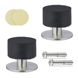 Relaxdays Türstopper, 2er Set, selbstklebend o. zum Schrauben, Edelstahl & Gummi, Boden-& Wandpuffer, schwarz/Silber