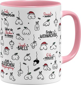 OM3 Lustige Jingle Balls Weihnachts Kaffee-Tasse mit Penisse - Pimmel Tasse Penis-Muster Doodle - Keramik Becher - 325ml - Beidseitig Bedruckt - Rosa