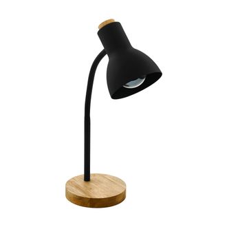 Eglo Tischlampe Veradal, 1 flammige Schreibtischlampe, skandinavisch, Tischleuchte aus Metall, Kunstsoff in Schwarz, Holz in Braun, Bürolampe, Lampe mit Sc