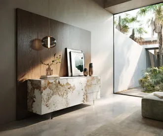DELIFE Sideboard Cuor 180 cm Keramik Minas Melange Wei&szlig;-Beige 2 T&uuml;ren 3 Schubf&auml;cher Fu&szlig; Schwebeoptik Acrylglas, Sideboards