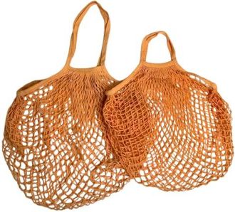 MODO Lot de 2 sacs à provisions réutilisables en filet de coton, 1 sac court et 1 sac à long poignée, sac de rangement multifonction pour jouets (orange pâ