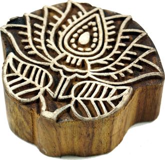 Guru Shop Indischer Textilstempel, Holz Stoffdruckstempel, Blaudruck Stempel, Druck Modell - Lotus 2, 6x7x2 cm