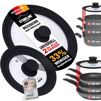 STONELINE 3 in 1 Universaldeckel Set 2-teilig f&uuml;r T&ouml;pfe Pfannen mit 16/18/20 cm und 24/26/28 Universal Glasdeckel mit abgestuftem Silikonrand Platinsilikon, Sch