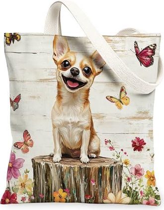 Generic Sac fourre-tout en toile motif chien chihuahua printanier 33 x 38,1 cm, sac d&eacute;picerie r&eacute;utilisable pour femme, animal de compagnie, peinture, d&eacute;corati