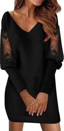 Generic Robe de Soirée Femme Col V et Manche 3/4 Robe Élégant et Chic Mini Robes pour Femmes Casusl Taille Haute Cocktail Automne Hiver Shirt Robes Ample Déco