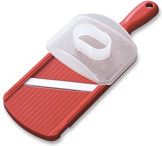 Kyocera Keramik Universalhobel, 4-Stufen, Rot, Extra scharfe Keramik-Klingen, Gemüsehobel mit Fingerschutz, Kunststoffrahmen, ergonomischer Griff und Aufhänge