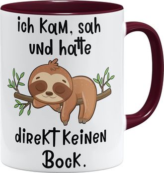 OM3 Ich kam, sah und hatte direkt keinen Bock - lustige Faultier Tasse mit Spruch - Keramik Becher - 11oz 325ml - Beidseitig Bedruckt - Bordeaux
