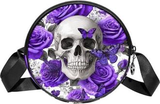 Generic Sac à bandoulière circulaire pour femme, motif tête de mort, papillons violets, petit sac à dos à bandoulière avec fermeture éclair, bretelles réglabl