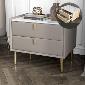 Generic Nachttisch Aus Marmorschiefer Mit 2 Schubladen, 45 X 40 X 48 cm, Khakifarbenes Leder, for Schlafzimmer Und Wohnzimmer(Khaki)