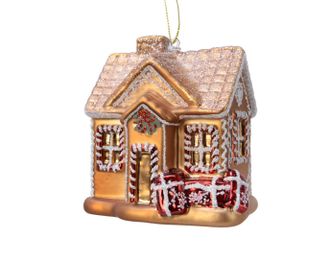 Kaemingk Christbaumschmuck Glas 10cm Weihnachtshaus mit Glitzer Weihnachtskugeln festliches Haus Gold