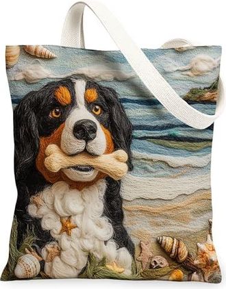 Generic Sac fourre-tout amusant en toile avec motif chien de montagne bernois 33 x 38 cm, sac &agrave; bandouli&egrave;re r&eacute;utilisable pour femme, peinture danimaux domesti