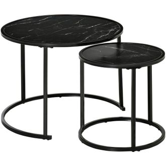 HOMCOM Homcom - Lot de 2 tables basses rondes gigognes empilables m&eacute;tal noir aspect marbre noir