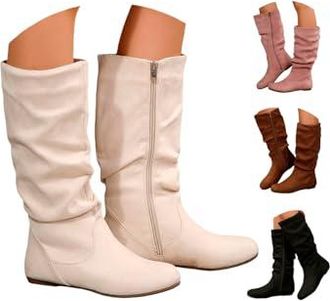 Generic Bottes de cowboy montantes pour femmes, bottes plates au-dessus du genou pour femmes, bottes mi-mollet souples en cuir souple, bottines de cowboy de c