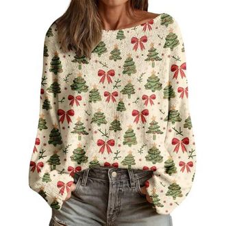 Generic Pull de No&euml;l pour femme avec imprim&eacute; arbre de No&euml;l - Haut ample &agrave; manches longues - Grande taille - Doux et confortable - Pour femme - Pour f&ecirc;te de No