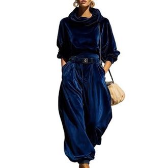 Generic Surv&ecirc;tement 2 pi&egrave;ces pour femme avec capuche et manches longues, pantalon large en velours avec poches, bleu, XXL