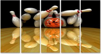 Islandburner Bild auf Leinwand Kegeln Bowling Spiel auf Holzboden mit Orange Kugel und Kegeln Bilder Wandbilder Poster