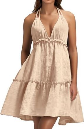 Generic Robe boh&egrave;me 2026 pour femmes, filles et enfants, bretelles spaghetti, robe fluide en lin, joli d&eacute;bardeur &agrave; volants, 6 &agrave; 14 ans, beige, XXL