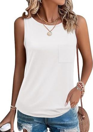 Zeagoo Débardeur pour femme - Sans manches - Débardeurs dété - Décontracté - Col rond - T-shirt basique - Léger - Avec poche, Blanc., L
