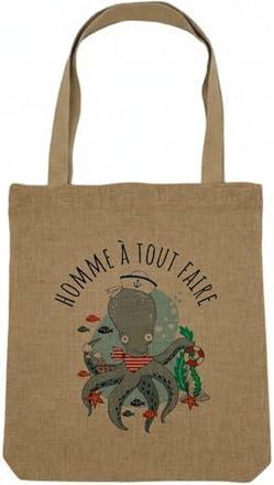 Fabulous Sac Shopping Tote Bag Aspect Lin - Pieuvre Homme a tout Faire Dessin Illustration - Sac de Courses Toile Epaisse 360g Beige Naturel Cabas Port&eacute; Epaule