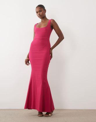 Vesper Robe longue en bengaline avec ourlet plongeant et encolure carr&eacute;e - Fuchsia-Rose