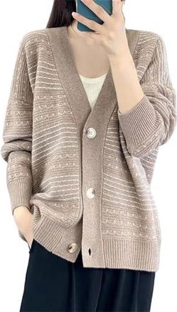 Generic Cardigan ouvert &agrave; manches longues pour femme 100 % laine &agrave; rayures et col en V, Velours brut camel, XS