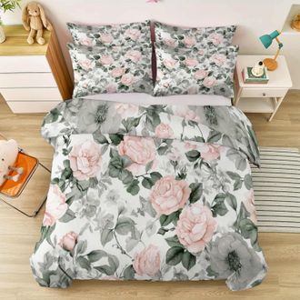 Generic Bettw&auml;sche 135 x 200 cm Grau Weich Warme Flanell Bettbezug, Vintage Bl&auml;tter Blumen Rosen Drucken Winter Kinderbettw&auml;sche-Sets mit Rei&szlig;verschluss, f&uuml;r 